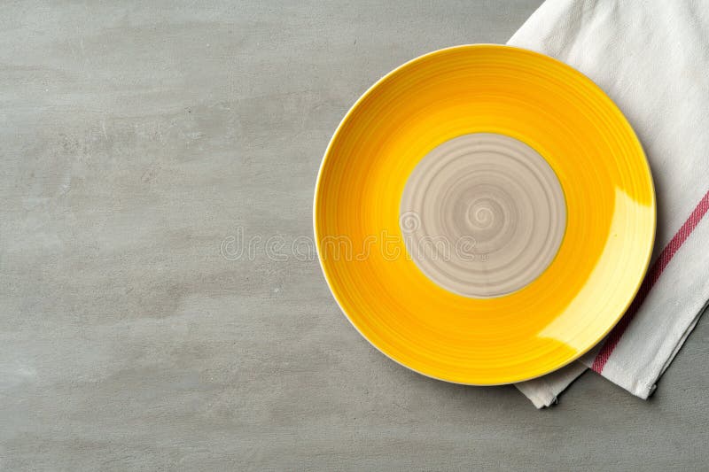 Top View of Ceramic Plate with Table Napkin on Gray Background Stock ...
