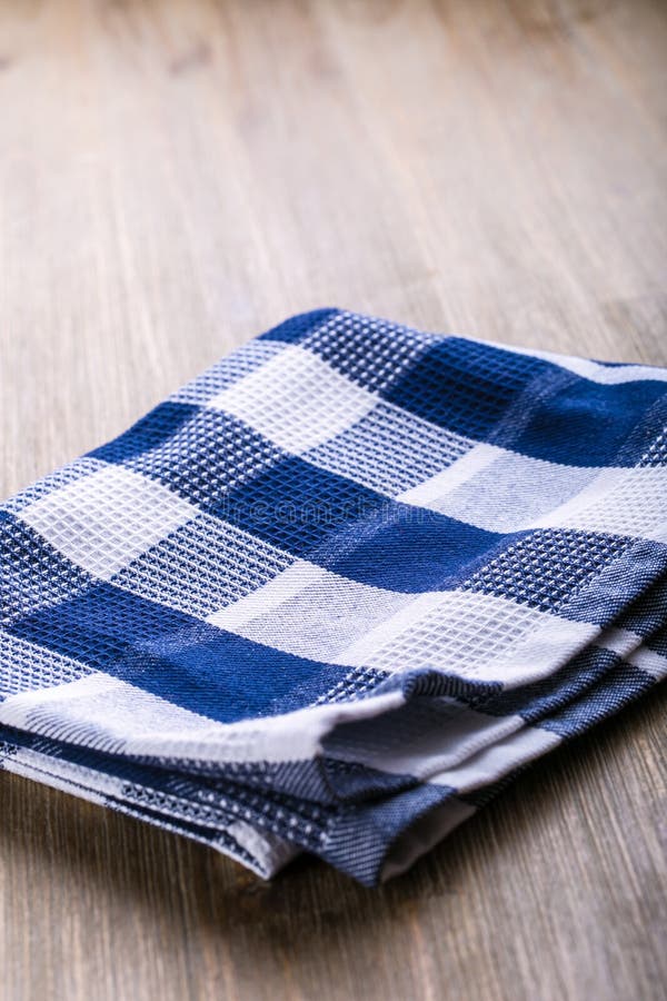 Top View of Checkered Kitchen Towels on Wooden Table Stock Photo ...