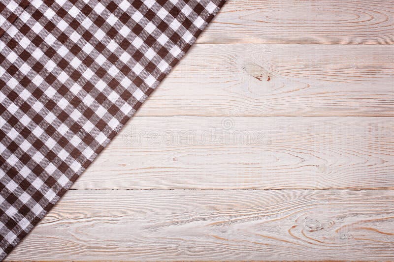 Top View of Checkered Tablecloth on White Wooden Table. Stock Photo ...