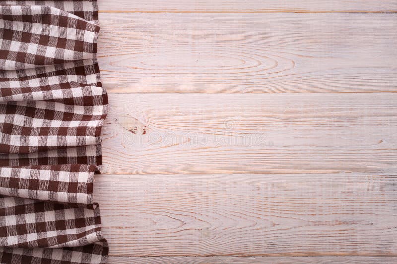 Top View of Checkered Tablecloth on White Wooden Table. Stock Photo ...