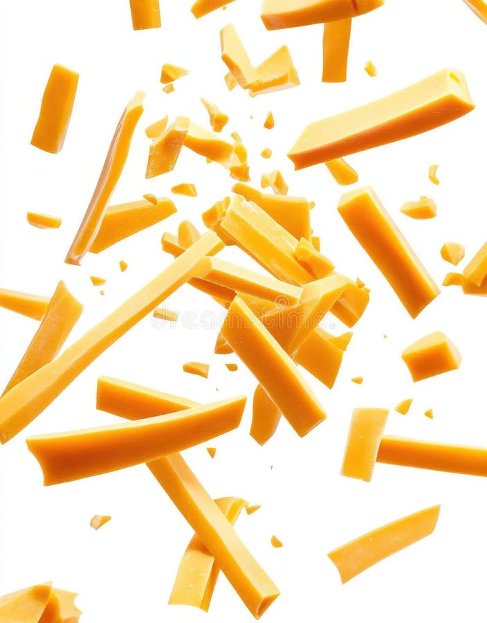 Top View of Cheddar Cheese Strips in Mid-Air on White Background Stock ...
