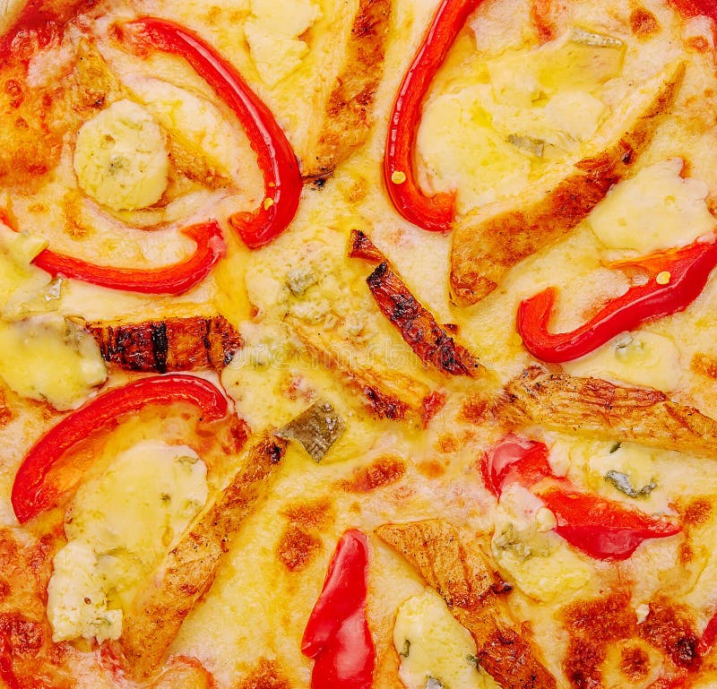 A Top View of Cheesy Chicken Pizza with Sliced Red Bell Pepper Stock ...