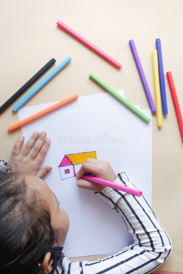 Top View of Child Girl Drawing on Paper on Table Stock Image - Image of ...