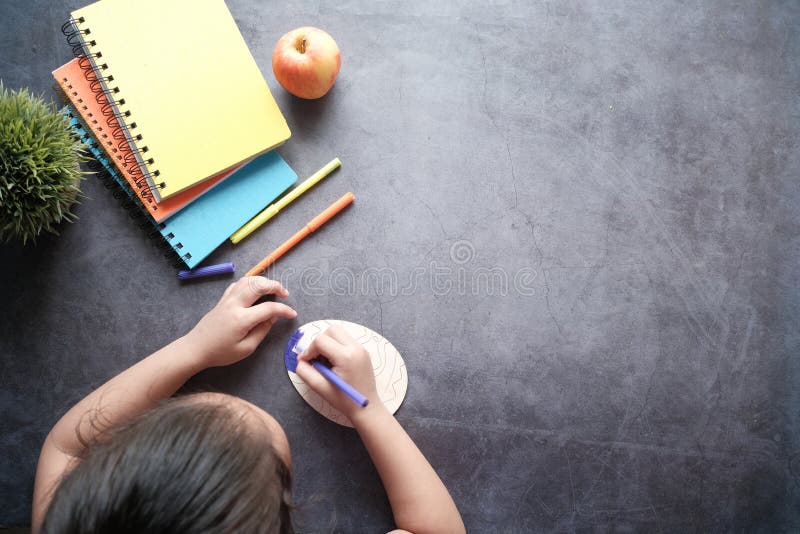 Top View of Child Girl Drawing on Table Stock Photo - Image of artist ...