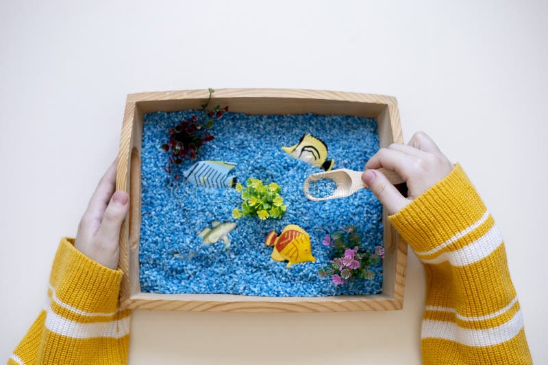 Top View of Child Hands, Sensory Box in Montessori School. Copy Space ...