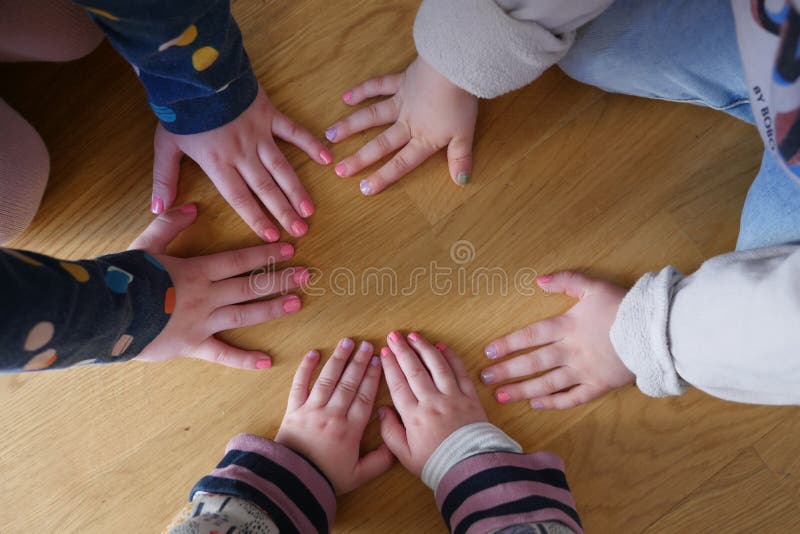 Top View of Children Hands in a Circle on the Floor Stock Image - Image ...