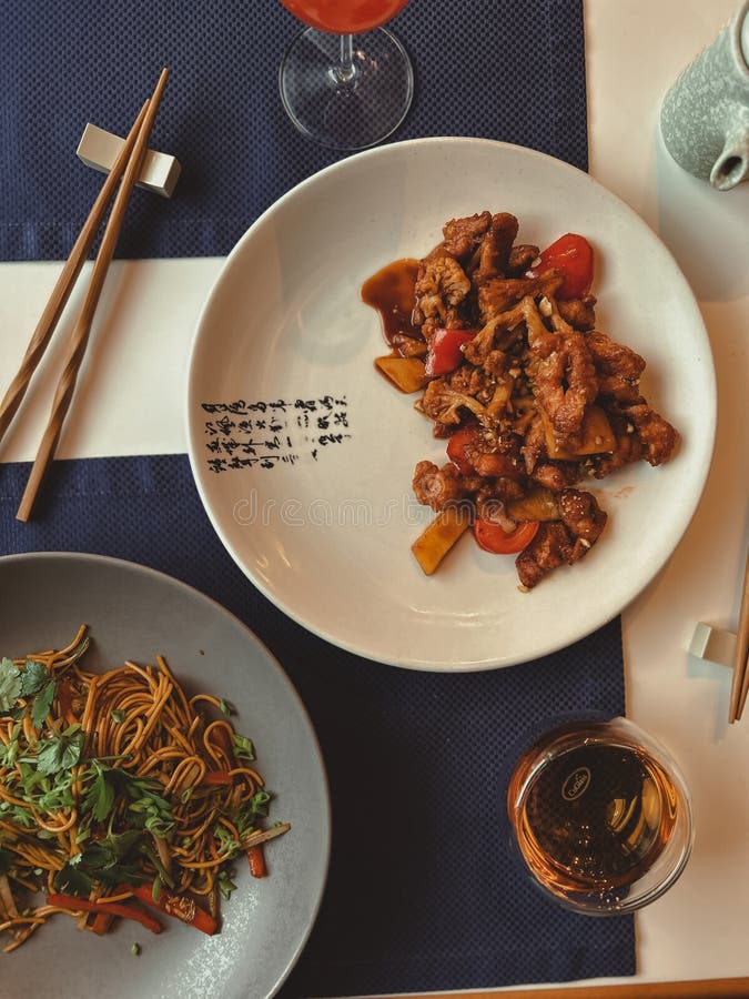 Top View of Chinese Chicken in a Plate with Characters Stock Photo ...