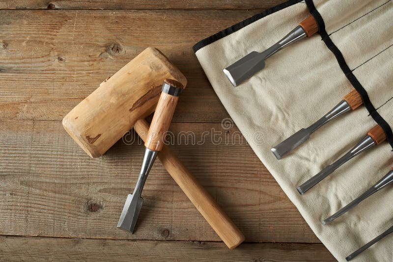 Top View, Chisels and Mallet on Workbench Stock Photo - Image of work ...