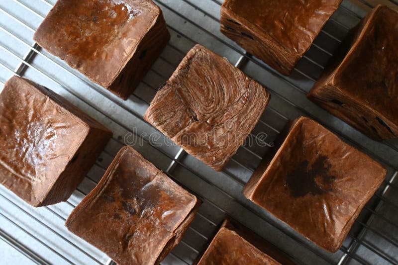 Top View of Chocolate Cube Bread on Rack Stock Image - Image of wood ...
