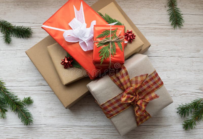 Top View of Christmas Gift Boxes on a Wooden Table Stock Photo - Image ...