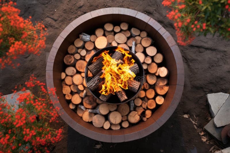 Top View of a Circular Fire Pit with Burning Logs Stock Illustration ...