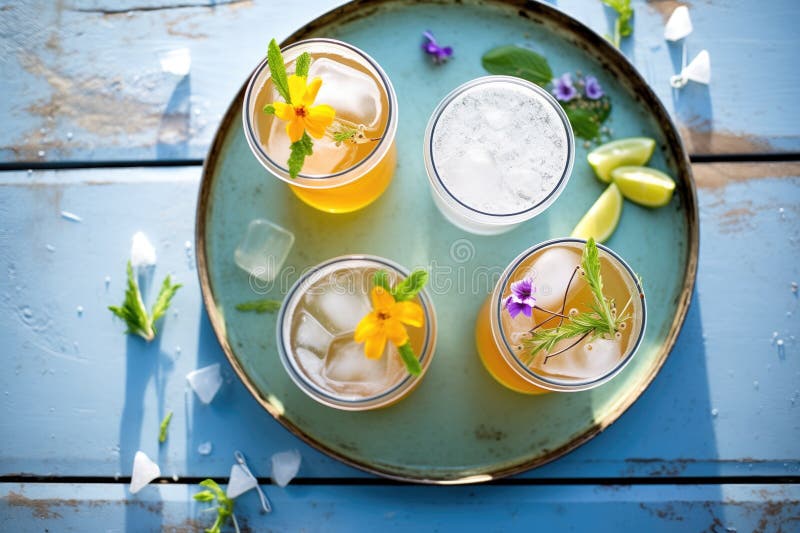 Top View of a Circular Tray with Glasses of Iced Herbal Tea Stock Image ...