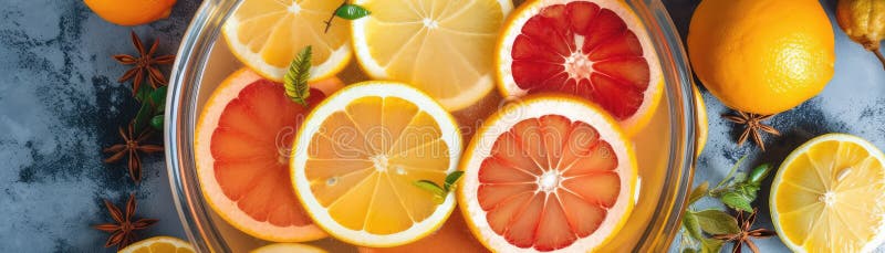Top View Citrus Punch with Sliced Oranges and Lemons. Banner for Web ...