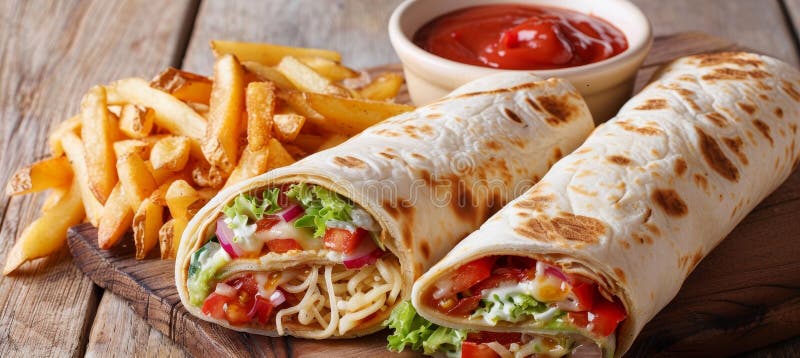 Top View of Classic Wraps and Fries on Wooden Table with Ample Space ...