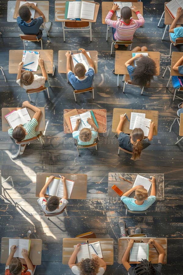 Top View of Classroom with Desks and School Children. Stock ...