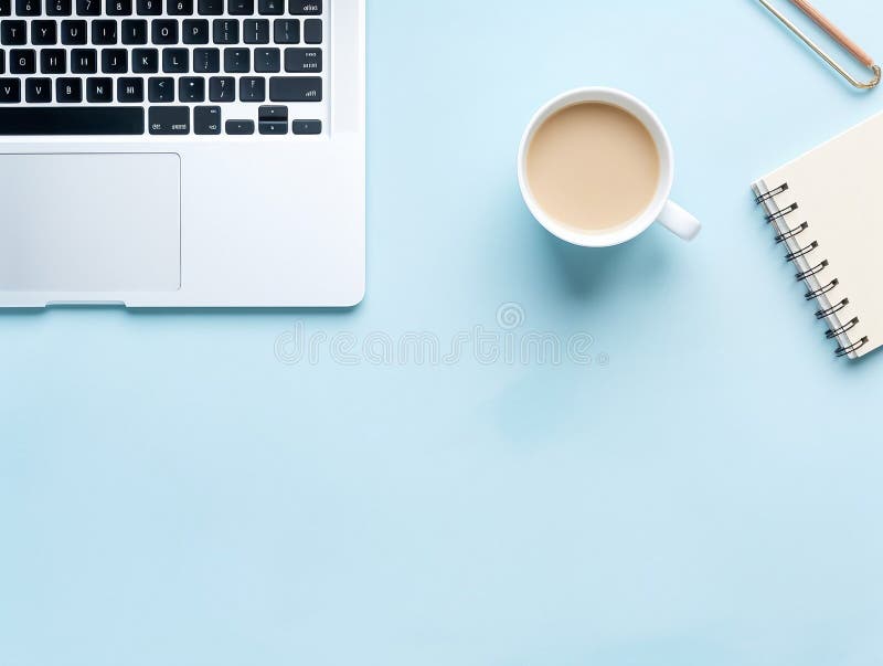 Top View of a Clean Desk Setup Featuring a Laptop and a Coffee Mug on a ...