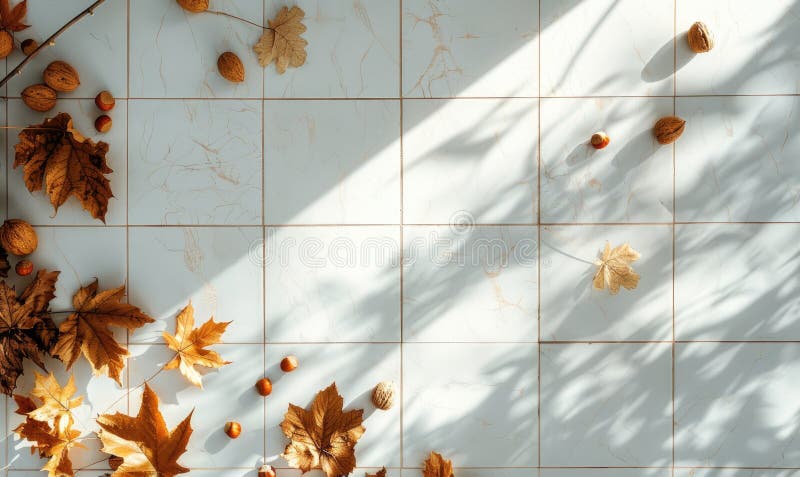 Top View of a Clean White Tile Countertop, Frame of Autumn Leaves and ...