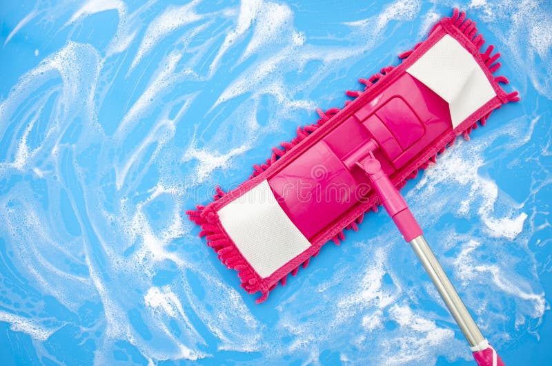 Top View Cleaning with Mop Concept. Pink Microfiber Mop with Soapy ...