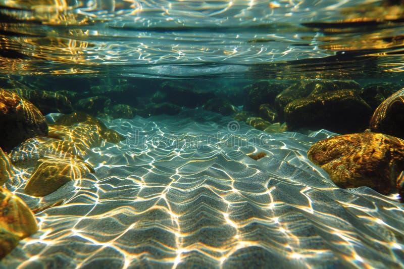 Top View of Clear Water Ripples and Reflections, Sandy Bottom, Close Up ...