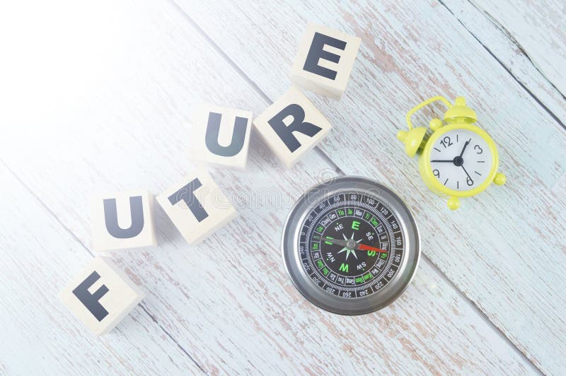 Top View of Compass, Clock and Wooden Blocks with Text FUTURE Stock ...