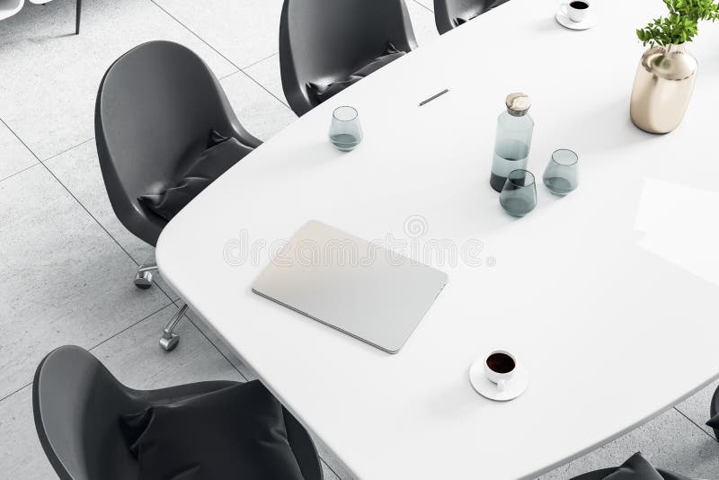 Top View and Close Up of Modern White Conference Room Desktop with ...