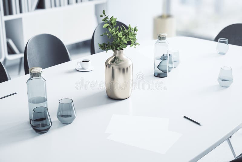 Top View and Close Up of Modern White Meeting Room Desktop with Items ...
