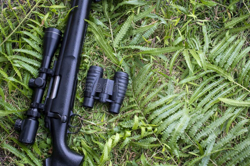 Top View Close Up Rifle and Binoculars on Grass Floor with Copy Space ...