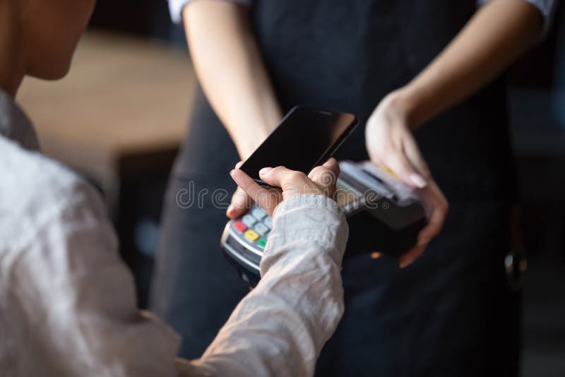 Woman Customer Pay with Cellphone Using Contactless Method Stock Photo ...