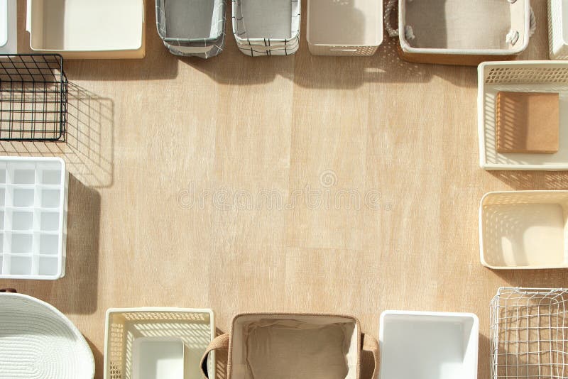 Top View of Closet Organization Boxes and Steel Wire Baskets in ...