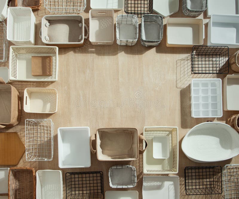 Top View of Closet Organization Boxes and Steel Wire Baskets in ...