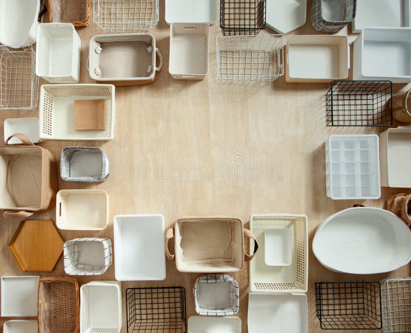 Top View of Closet Organization Boxes and Steel Wire Baskets in ...