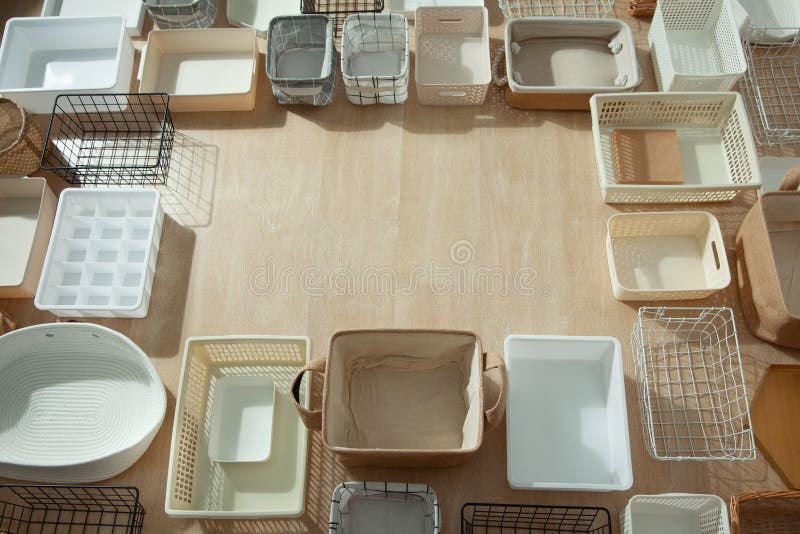 Top View of Closet Organization Boxes and Steel Wire Baskets in ...