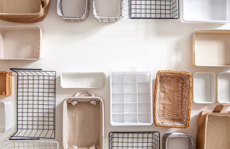 Top View of Closet Organization Boxes and Steel Wire Baskets in ...