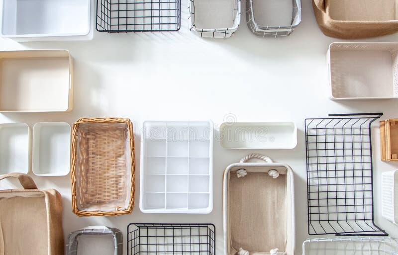 Top View of Closet Organization Boxes and Steel Wire Baskets in ...