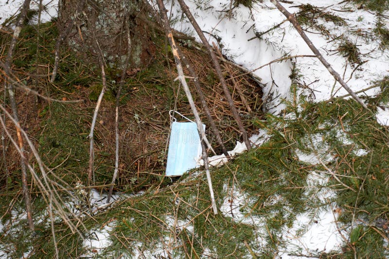Top View Closeup of a Protective Mask Lying Near the Tree Trunk on the ...