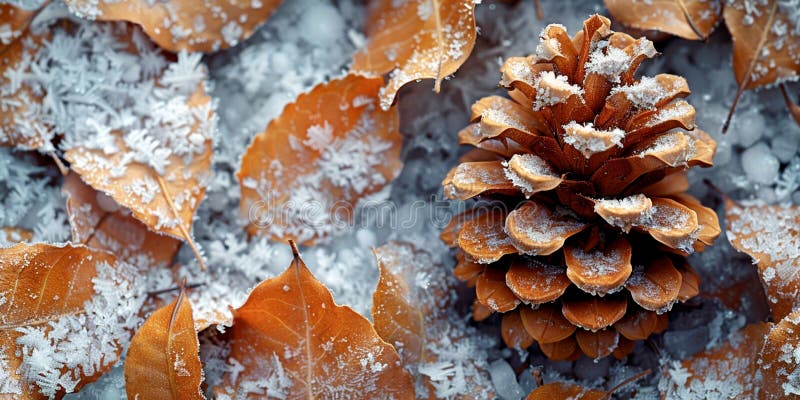 Top View Closeup Single Pine Cone, Autumn Leaves with Snow, Fall ...