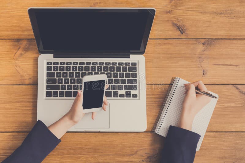 Top View Closeup of Woman Using Phone at Workplace Stock Image - Image ...