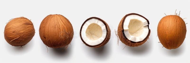 Top View of Coconut, Set of Fresh Whole and Half Coconut and Slices ...