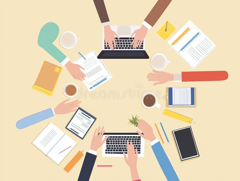 Top View Collaboration Workspace with Diverse Hands Using Laptops ...