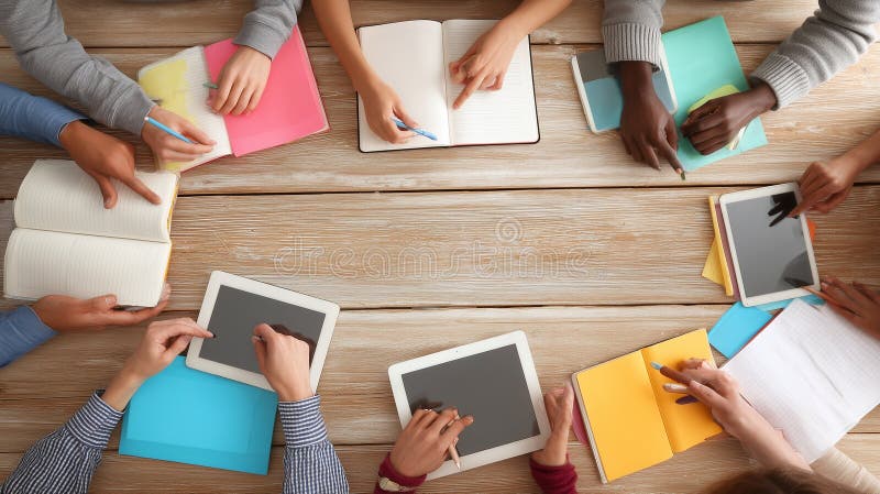 Top View of Collaborative Study Group Working Around Wooden Table - AI-generated Stock ...
