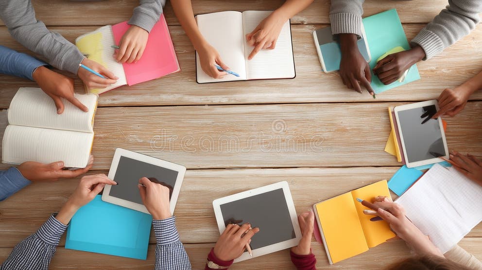 Top View of Collaborative Study Group Working Around Wooden Table - AI ...
