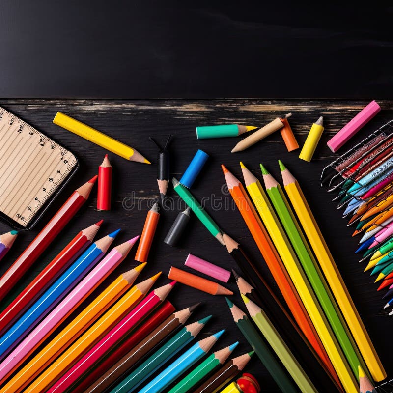 Top View Colored Pencils on Black Background,Beautiful Colors for ...