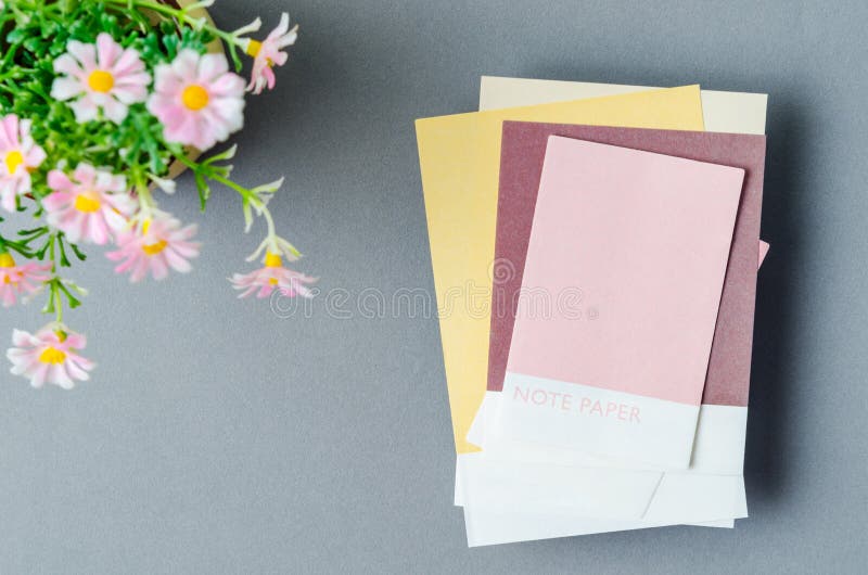 Top View of Colorful Blank Sticky Note Papers with Flower on Grey ...