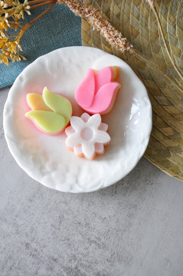 Top View of Colorful Coconut Jelly in Flower Shape with Copyspace on ...