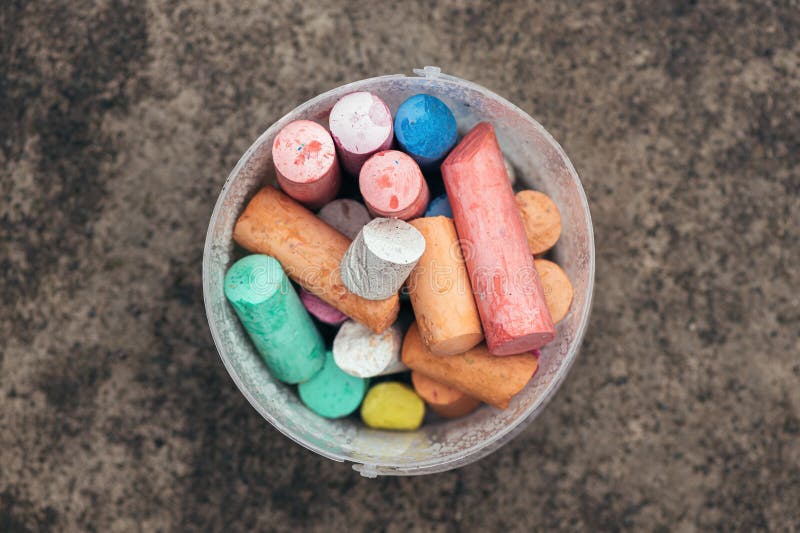 Top View of Colorful Drawing Chalk Sticks in Plastic Bucket Stock Photo ...