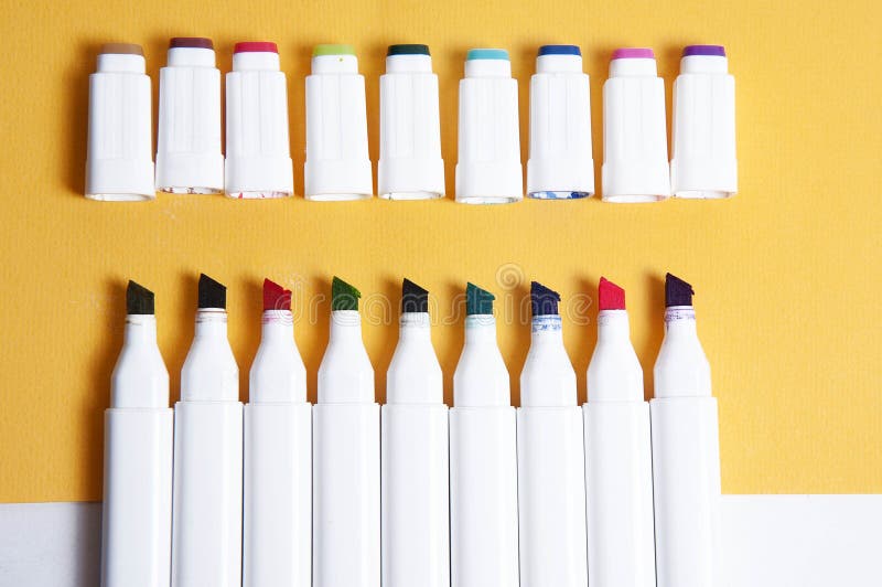 Top View of Colorful Markers on Yellow Background. Place for Tex Stock ...