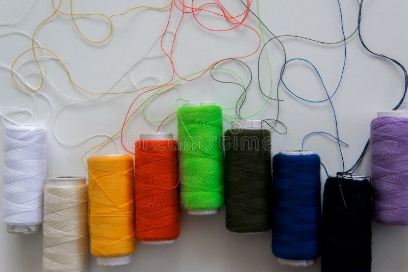 Top View of Colorful Sewing Threads on White Background Stock Photo ...