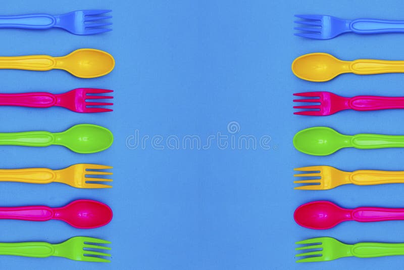 Top View of Colorful Spoon and Fork Element on Blue Color Table.flat ...