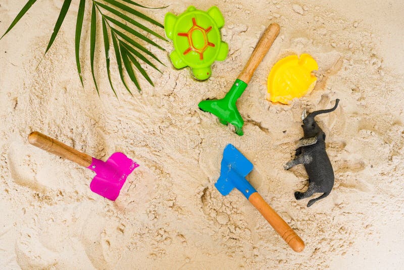 Top View of Colorful Toys on the Sand Including Digging Objects, Turtle ...