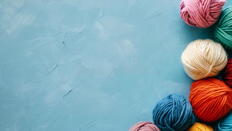 Top View of Colorful Woolen Threads on the Blue Table Background with ...